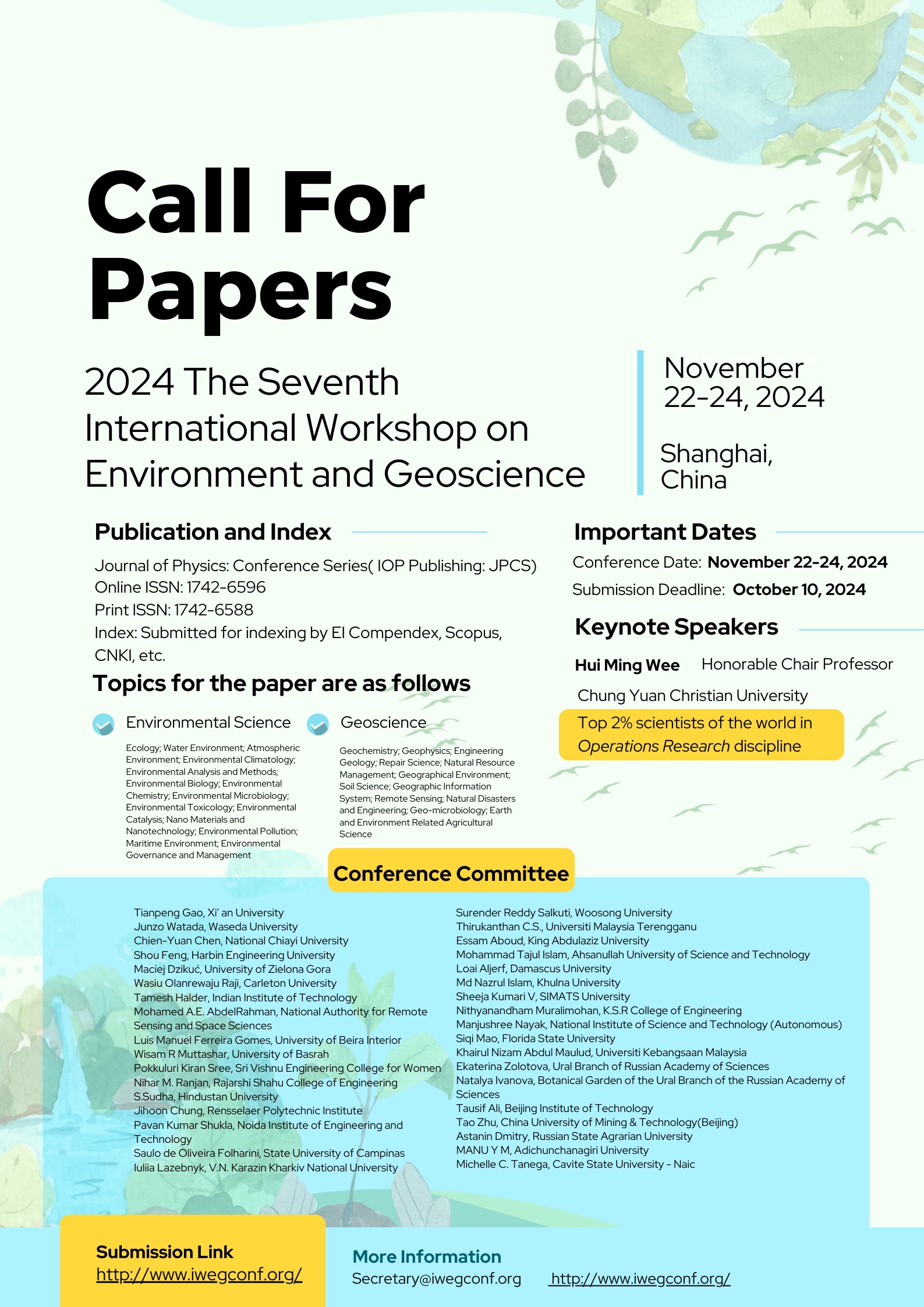 The Seventh International Workshop on Environment and Geoscience (IWEG ...